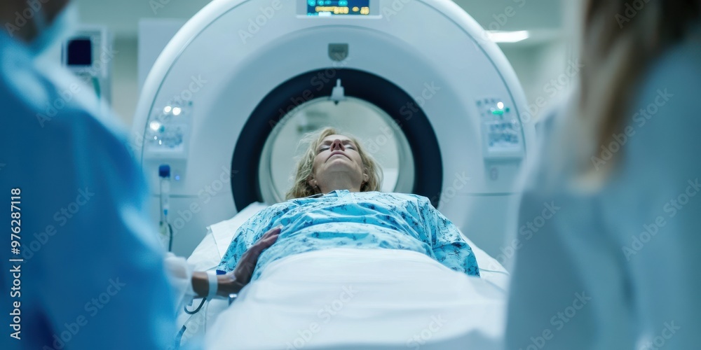 An individual lies inside an MRI machine as medical staff assist ...