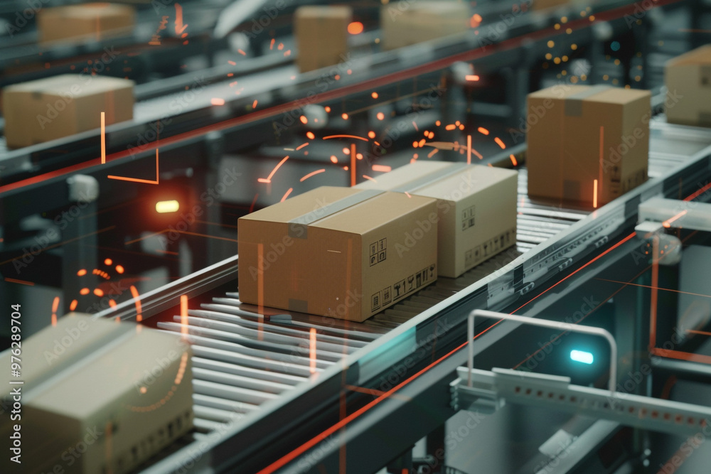 Automated smart warehouse system in action cardboard boxes on conveyor ...