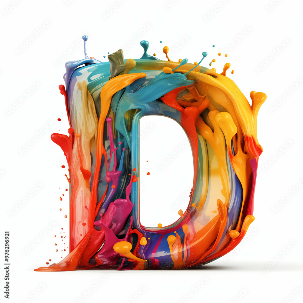 abstract melting letter "D" with splattering paint and a vibrant ...