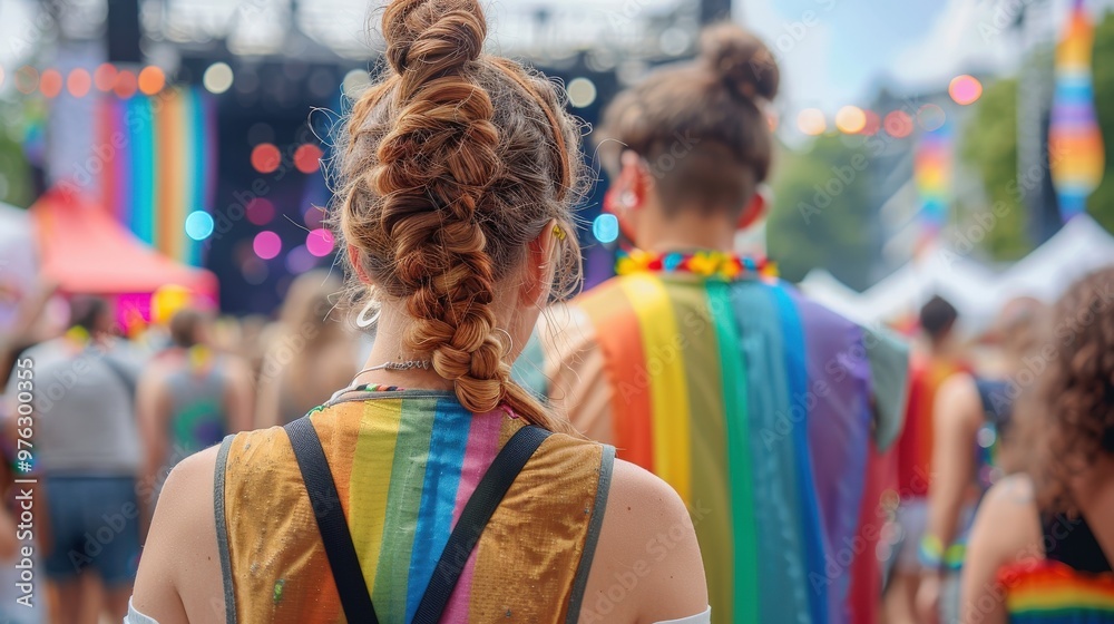 Generate an image of a community gathering at a pride event, featuring ...