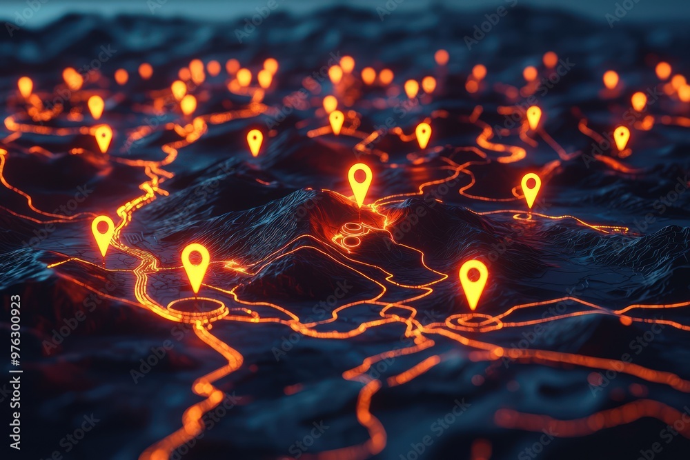 Digital map illuminated with glowing location pins, representing GPS technology and modern ...