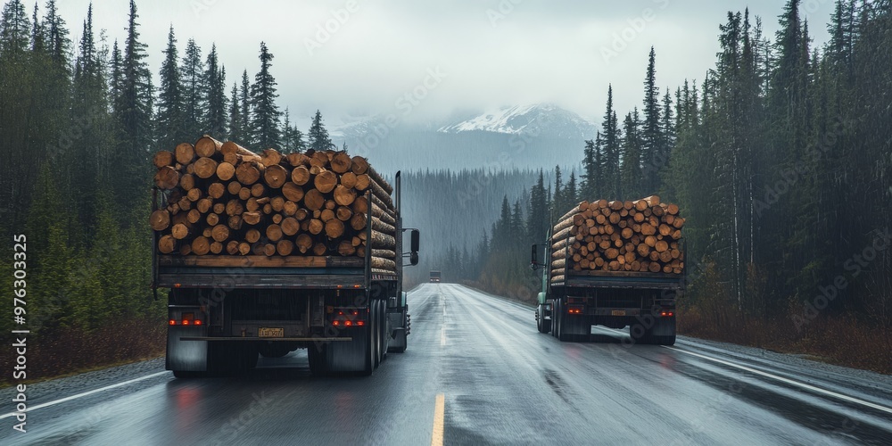 Logging trucks are transporting freshly cut timber down a muddy road ...