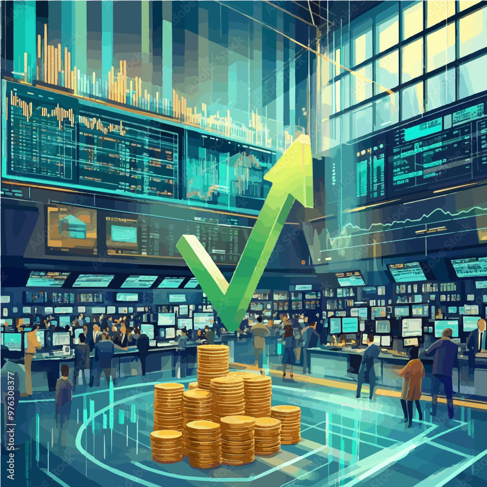 Digital vector illustration of a busy stock exchange hall with a green ...