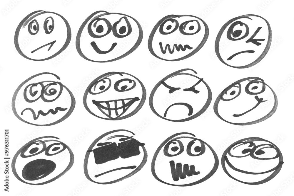Different hand draw emotional expression, faces male and female, black ...