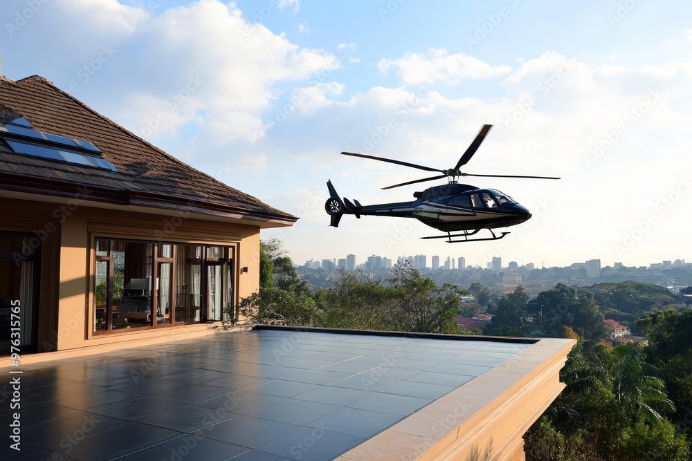 A sleek black helicopter approaches a luxurious villa with a panoramic ...