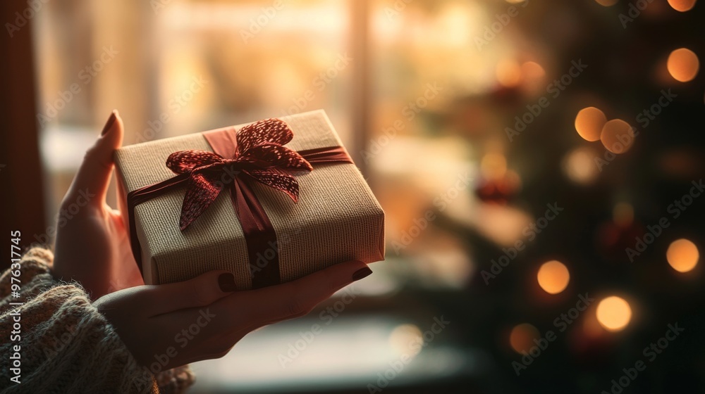 An excited young woman takes a closer look at their package, surprised ...