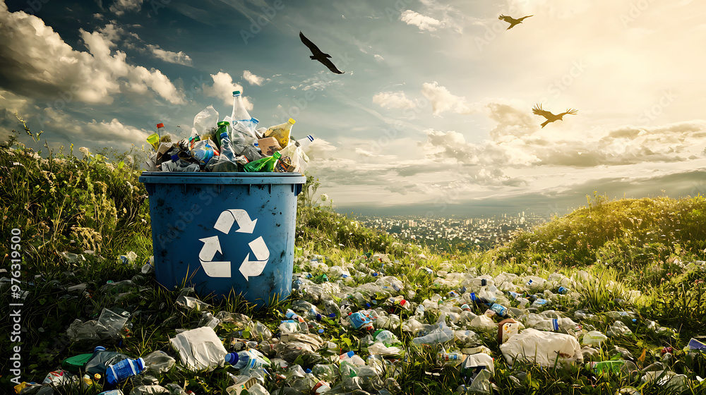 Trash blue bin is with various waste around outdoors. Zero waste ...