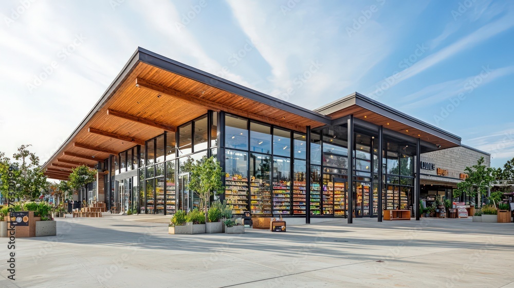 The exterior of a supermarket, capturing the approachable and ...