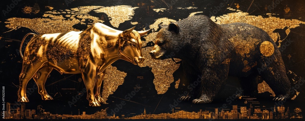 Golden bull and bear statues standing side by side against a world map ...