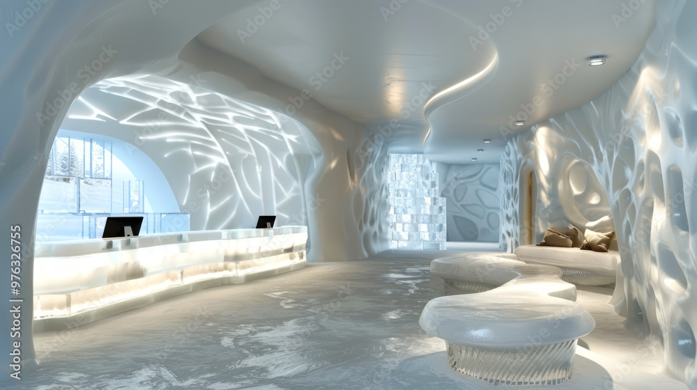 Elegant Ice Hotel Lobby with Sculpted Ice Reception Area and Unique ...