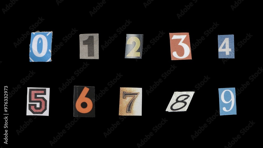 Set of cut-out ransom number from magazines on a black background ...