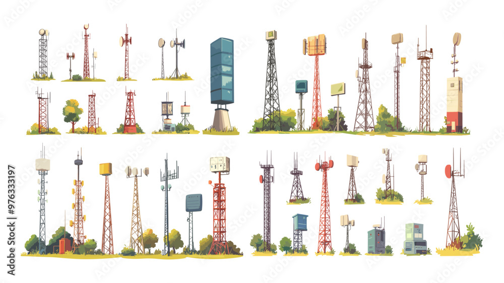 Cartoon wireless towers. 5g 4g lte antenna and transmitters ...
