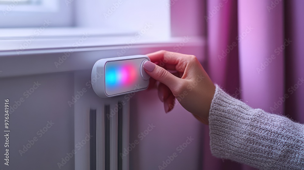 Hand Adjusting Thermostat Dial on Sleek White Radiator with Gradient ...