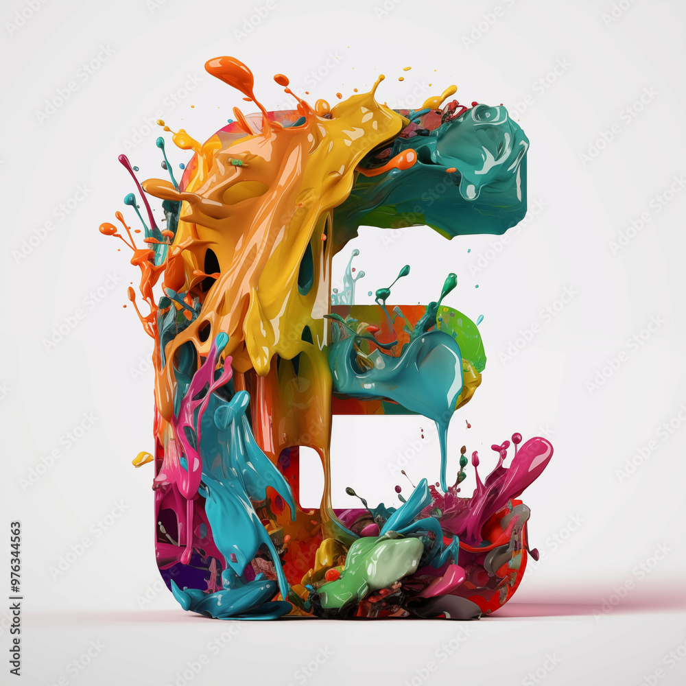 abstract melting letter "E" with splattering paint and a vibrant ...