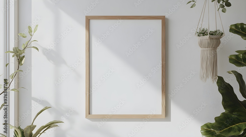Interior poster mockup with vertical wooden frame on empty white wall ...