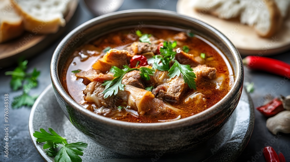 Tasty soup or stew made of beef tripe and spices. Spicy and aromatic ...