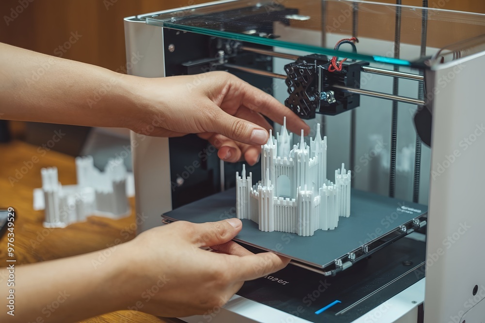 Hands operating a 3D printer: Precision in creating prototypes and ...