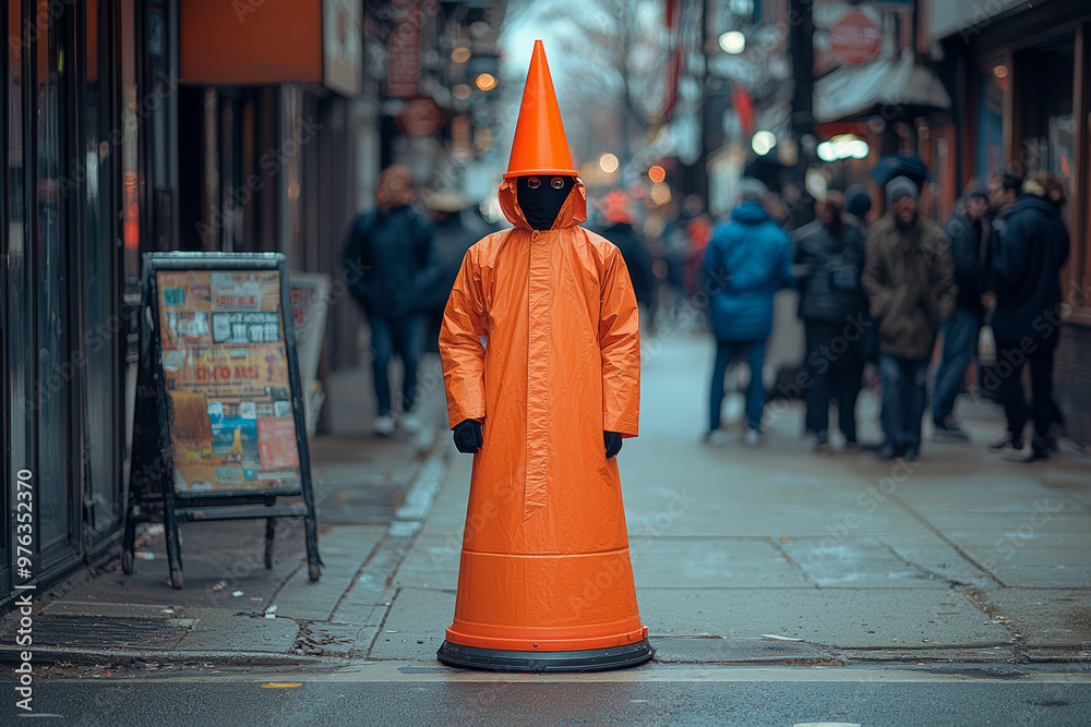 A person dressed as a traffic cone, standing in the middle of a ...