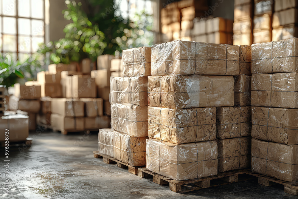 A stack of eco-friendly, biodegradable packaging materials ready for ...