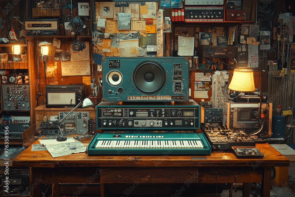 A retro radio station setup with classic microphones and old broadcast ...