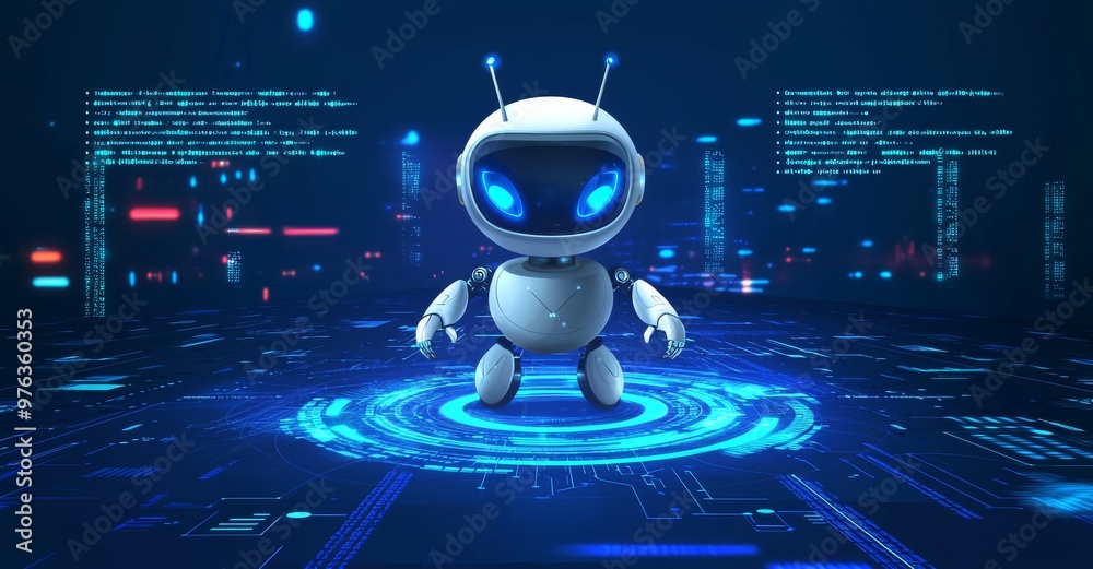 It is a futuristic robot using a digital data interface on a blue ...