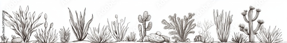Animated sketch cartoon of succulents. A saguaro, agave, and prickly ...