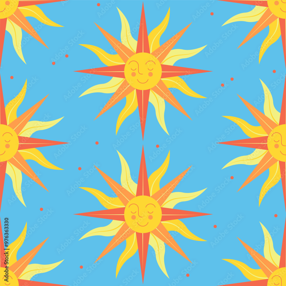Seamless pattern with sun with human face and straight and wavy rays ...
