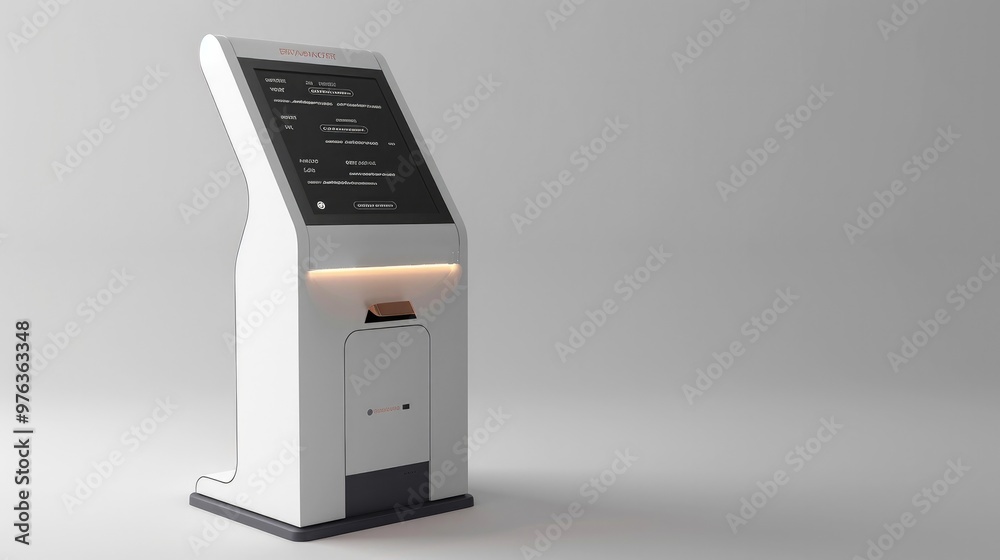 Sleek and contemporary self service kiosk with touchscreen digital display interface showcasing ...