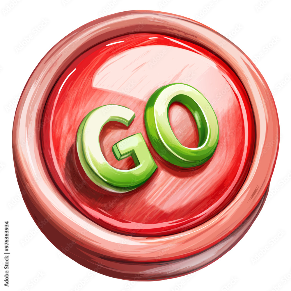 Bright red go button with bold green text and copy space for ...