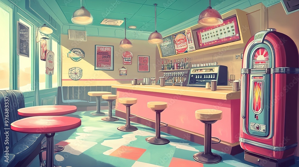 Cartoon retro artwork with a soda shop setting, complete with jukebox ...