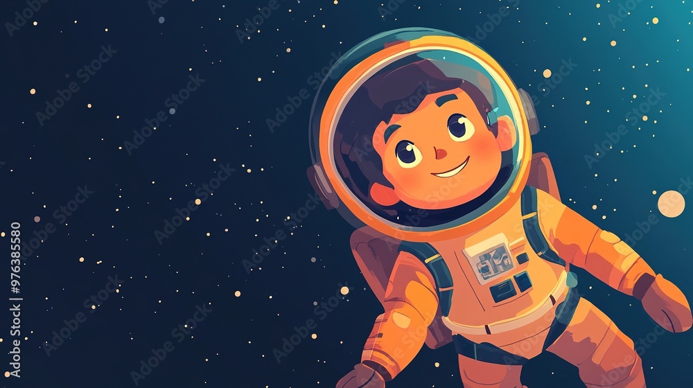 Cartoon character design of a space explorer with a helmet, floating in ...