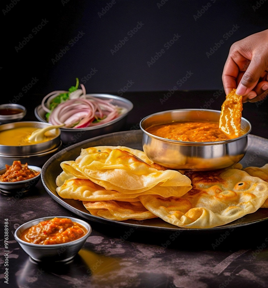 golden, flaky roti canai, roti prata, traditional Indian flatbread dish ...
