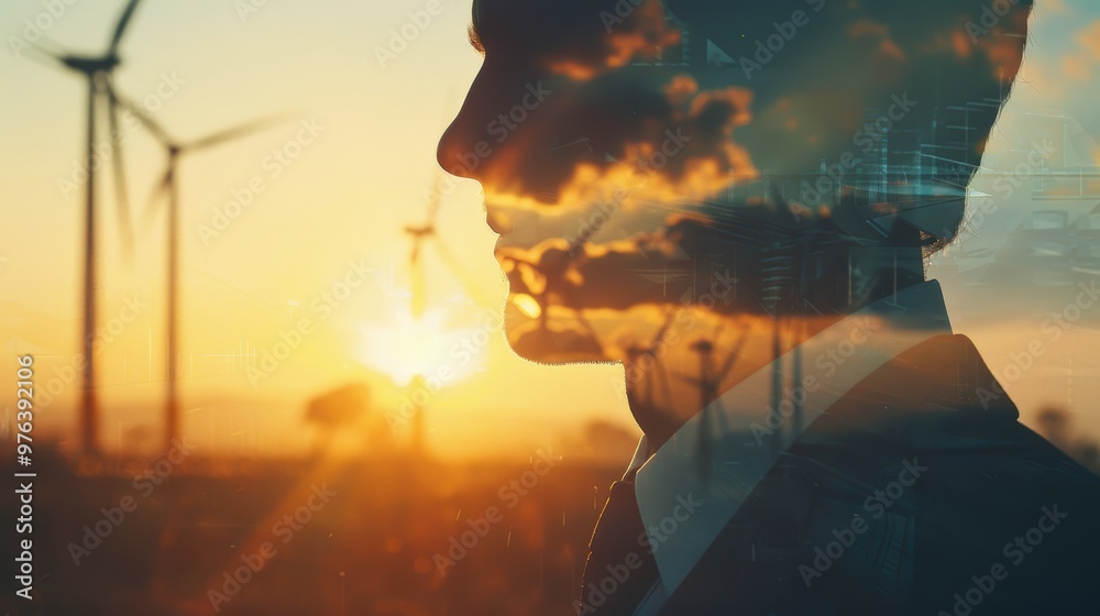 Entrepreneur, dual imagery featuring solar energy facility within ...