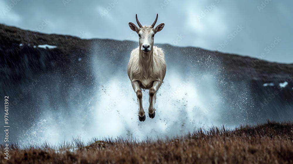 White Goat's Leap of Faith: A majestic white goat defies the elements ...