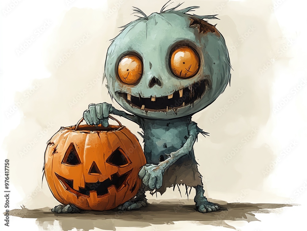 Cute zombie holding a jackolantern, big smile, tattered clothes ...