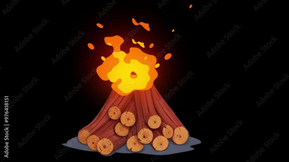 Animation of a burning bonfire amidst the darkness, fire in a fireplace ...