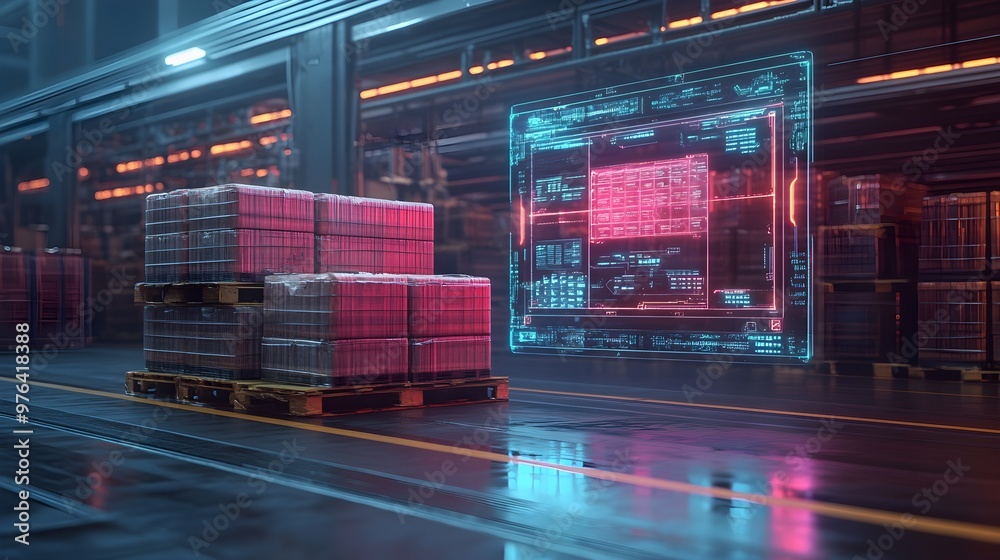 Pallet of mixed items in a minimalistic warehouse, with a transparent ...