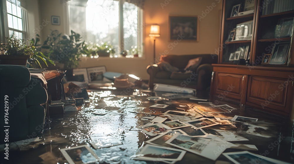 A water-damaged living room with soaked family photos scattered across ...