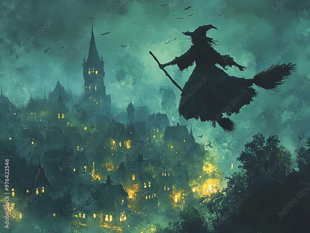 Chilling witch flying on a broomstick above a nightmare village ...
