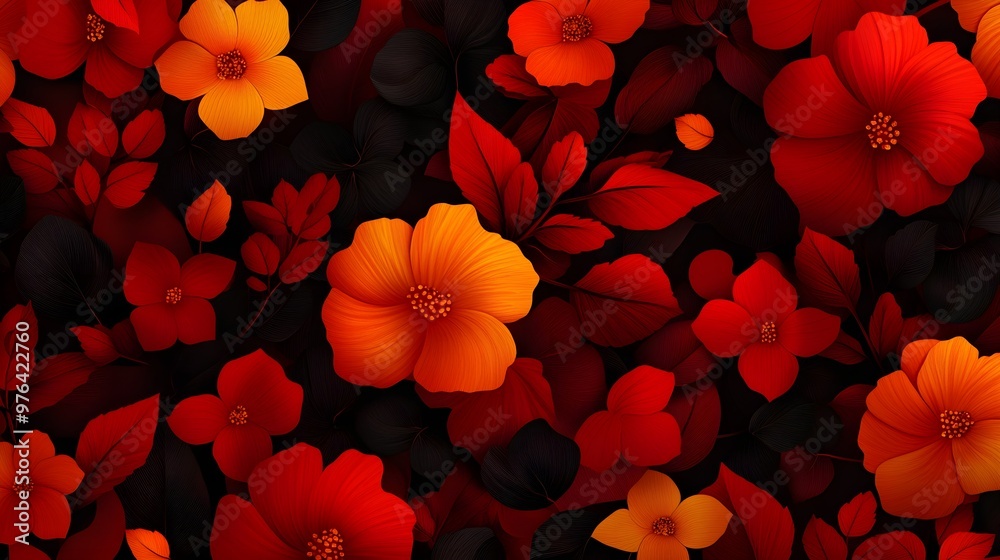 Pop art inspired swirling vines and flowers, deep red color scheme ...