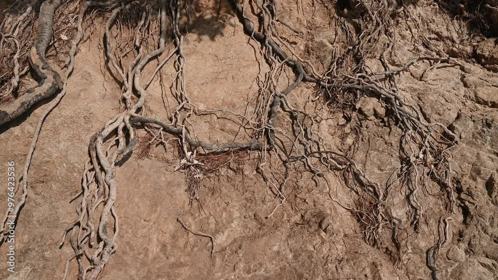 Tree roots in the ground, close-up. Roots in brown soil. Veins of tree ...