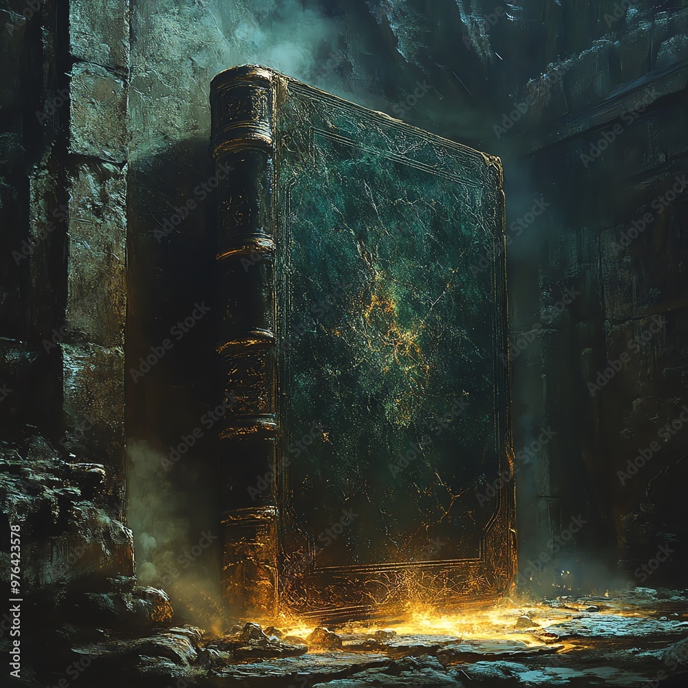 Mysterious, cursed tome locked away in an ancient vault, radiating evil ...
