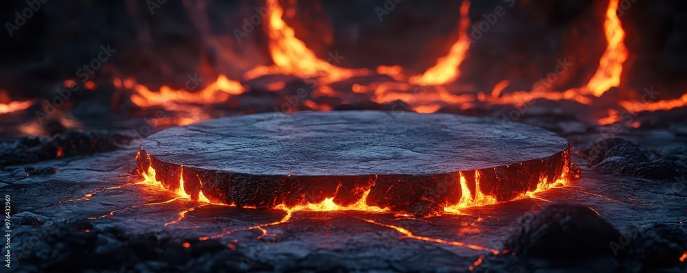 Magma-textured podium surrounded by glowing fissures and molten cracks ...