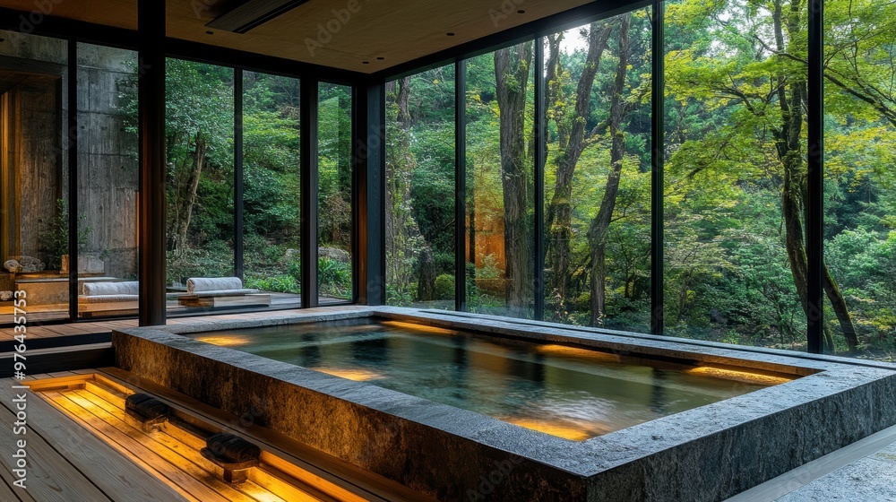 Minimalist modern onsen spa blending seamlessly into a pristine old ...