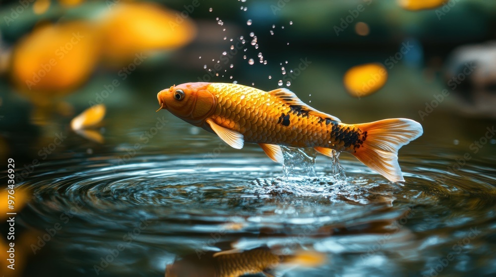 Lone powerful koi fish breaking the surface of a still meditative pond ...
