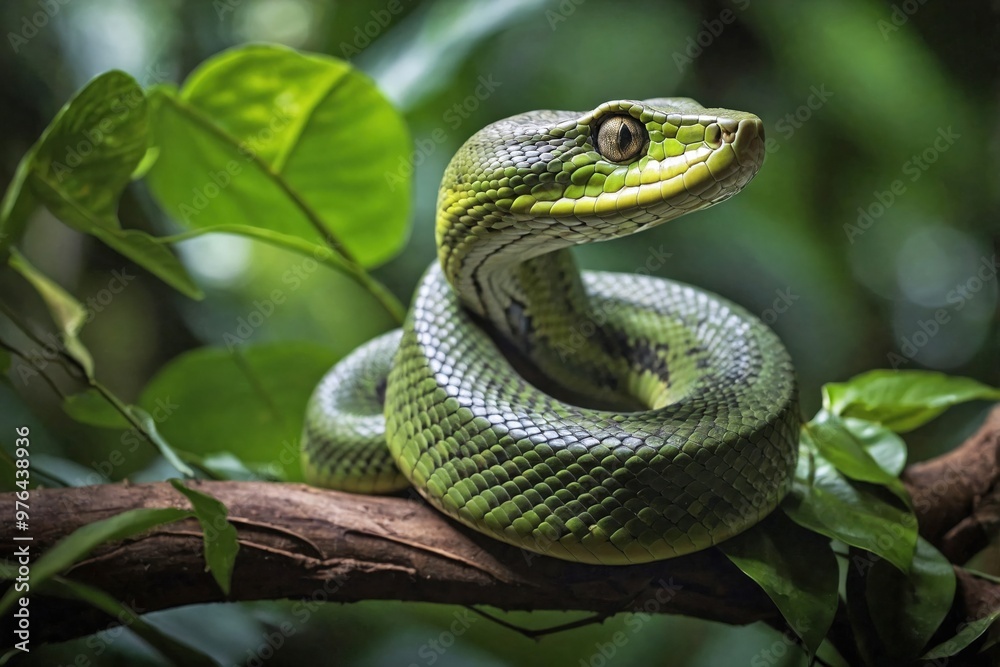 Snake Coiled on a Jungle Branch: A sleek green tree python coiled ...