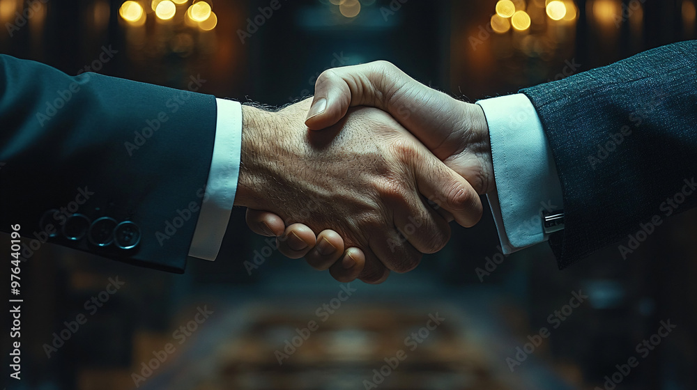 businessmen shaking hands in dark interior with blurry lights ...