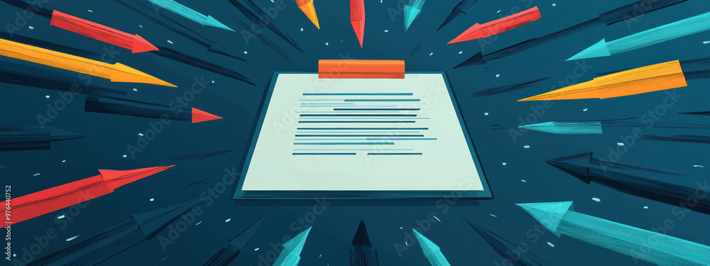 Illustration showing multiple arrows converging towards document ...