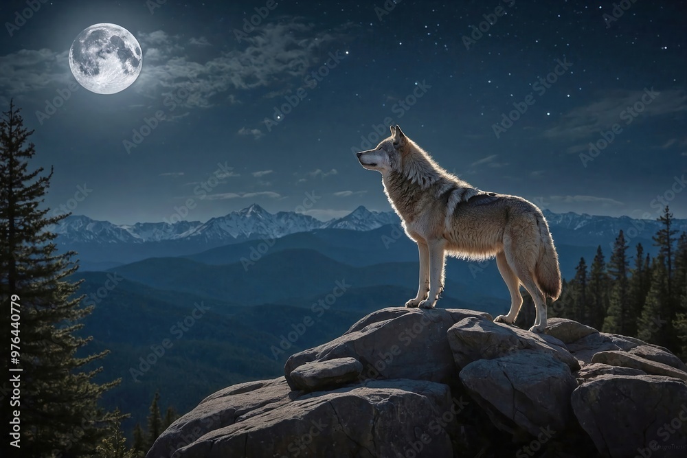 Wolf Howling Under a Full Moon: A lone wolf standing on a rocky outcrop, howling toward the sky ...