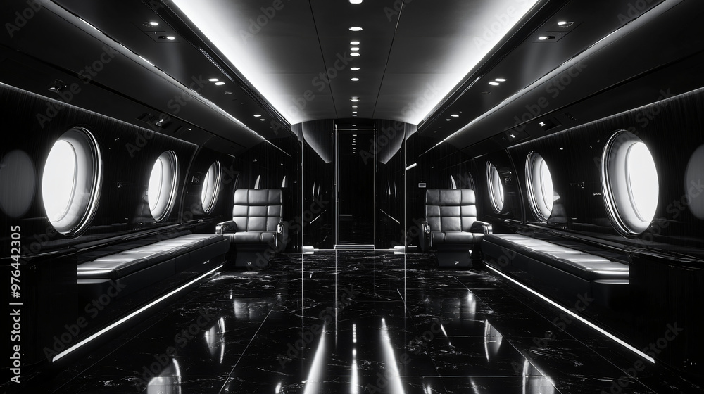 black and white luxury private jet interior with seats and windows ...